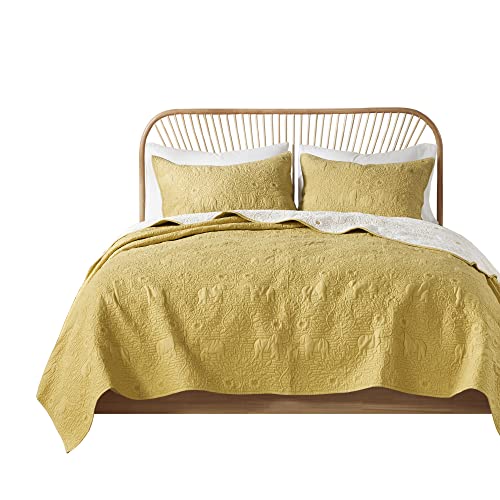 Ink+Ivy Kandula King/Cal King Size Quilt Bedding Set - Mustard Yellow , Quilted Floral, Elephants – 3 Piece Bedding Quilt Coverlets – 100% Cotton Percale Bed Quilts Quilted Coverlet
