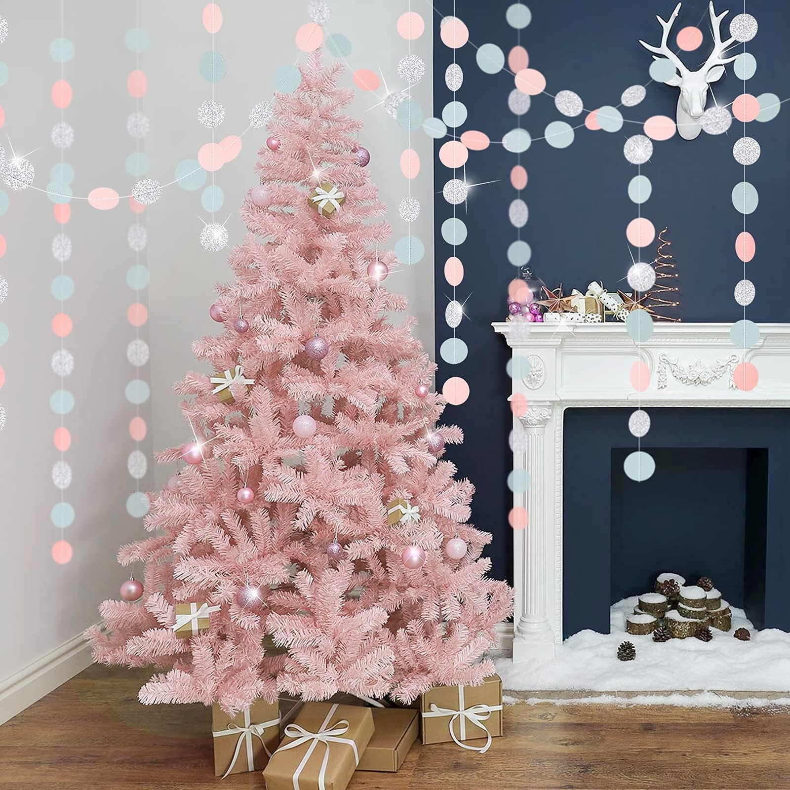 Cheerland Party Decorations Glitter Silver Blue Pink Circle Garlands Streamer Hanging Dots Decoration Backdrop for Wedding Engagement Birthday Bridal Baby Shower Backdrop Party Supplies