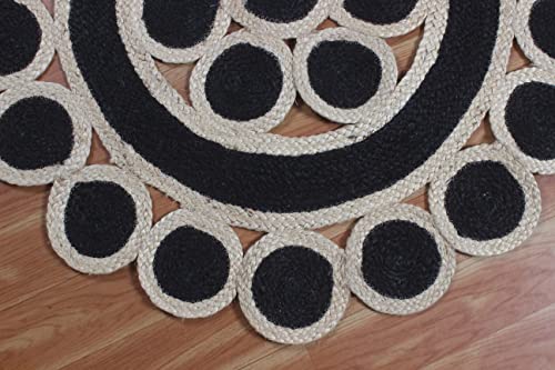 CASAVANI Cape Code Circle Area Rug - 6 x 6 Feet Beige Black Pattern Natural Jute Mat Ideal for High Traffic Area in Bedroom Bedside Round Dining Side Round Living Room Hallway and Kitchen Mat
