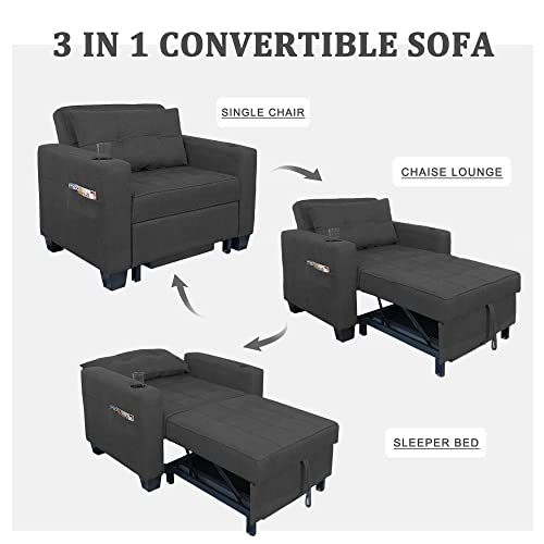 DURASPACE Futon Sofa Bed, 3 in 1 Convertible Sofa Chair Bed, Adjustable Backrest Chair, Chaise Lounge with USB Ports, Cup Holder, Side Pocket, Storage Box for Living Room (Dark Gray Linen)