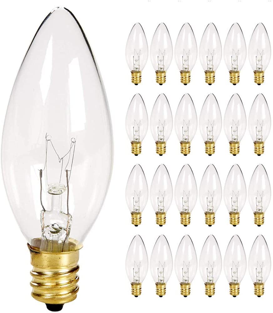 Supernoor 25 Pack Clear Torpedo Tip Replacement Bulbs,7 Watts Replacement Light Bulbs C26 Window Candle Bulbs,Electric Candle Light Bulbs,Chandeliers Clear Incandescent E12 Candelabra Base 120V Bulbs