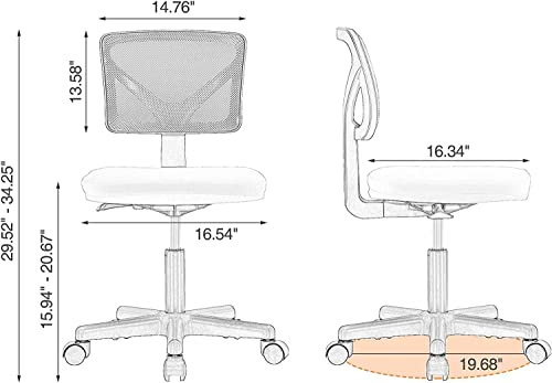 Armless Small Home Office Desk Chair, Ergonomic Low Back Computer Chair, Adjustable Rolling Swivel Task Chair with Lumbar Support for Small Space, 1 Pack, Grey