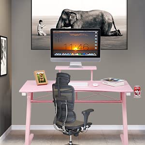 ErgoDesign Gaming Desk with Z Shaped Legs, Professional Game Work Station, PC Gamer Table with Stand Cup Holder & Headphone Hook (White/Pink)