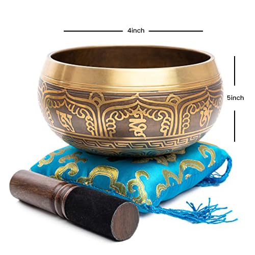 Tibetan Singing Bowl Set - Easy To Play Authentic Handcrafted For Meditation Sound Chakra Yoga Healing 4 Inches By Himalayan Bazaar (Gold & Turquoise)