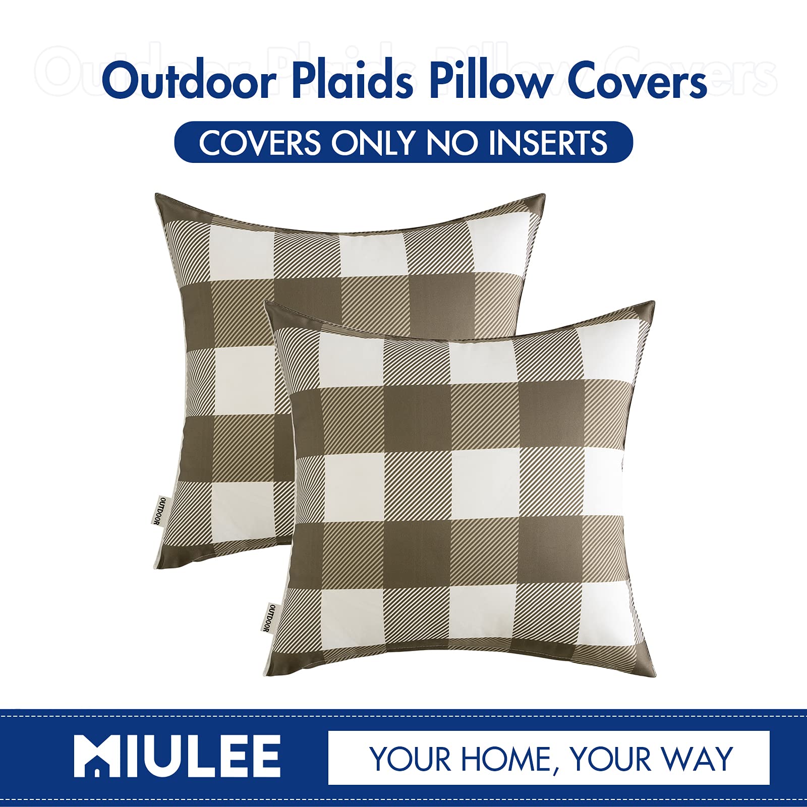 MIULEE Plaids Pillow Covers Checkered Throw Pillow Covers Outdoor Waterproof Decorative Pillowcases Set of 2 for Sofa Couch Living Room Patio Garden 12x20 Inch, Brown and White