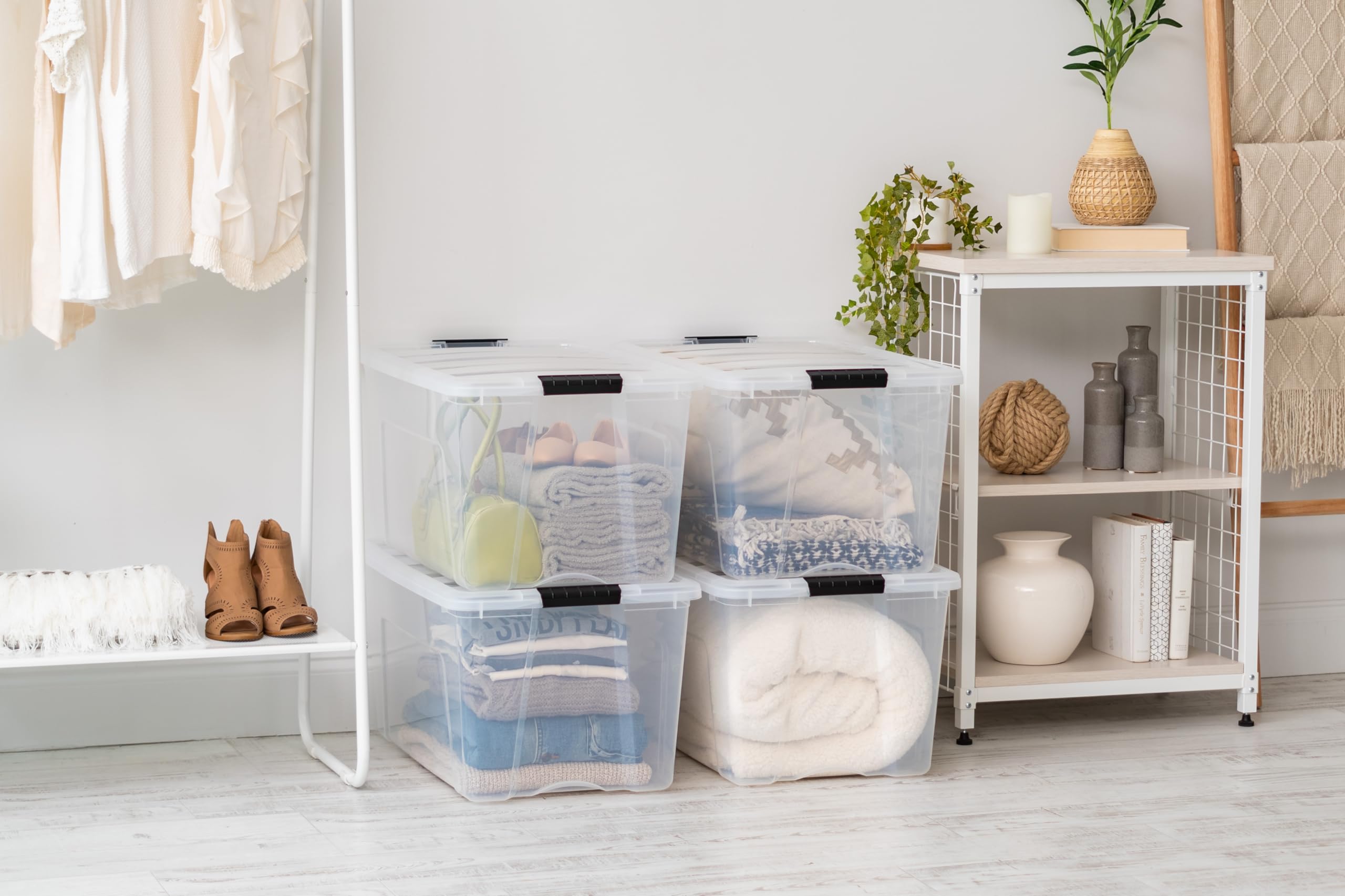 IRIS USA 72 Qt Stackable Plastic Storage Bins with Lids, 4 Pack - BPA-Free, Made in USA - See-Through Organizing Solution, Latches, Durable Nestable Containers, Secure Pull Handle - Clear