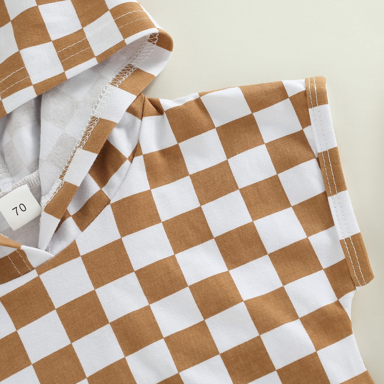AEEMCEM Toddler Baby Boy Checkerboard Print Romper Short Sleeve Hooded Plaid Jumpsuit Bodysuit Outfit Cute Summer Clothes (Khaki, 3-6 Months)