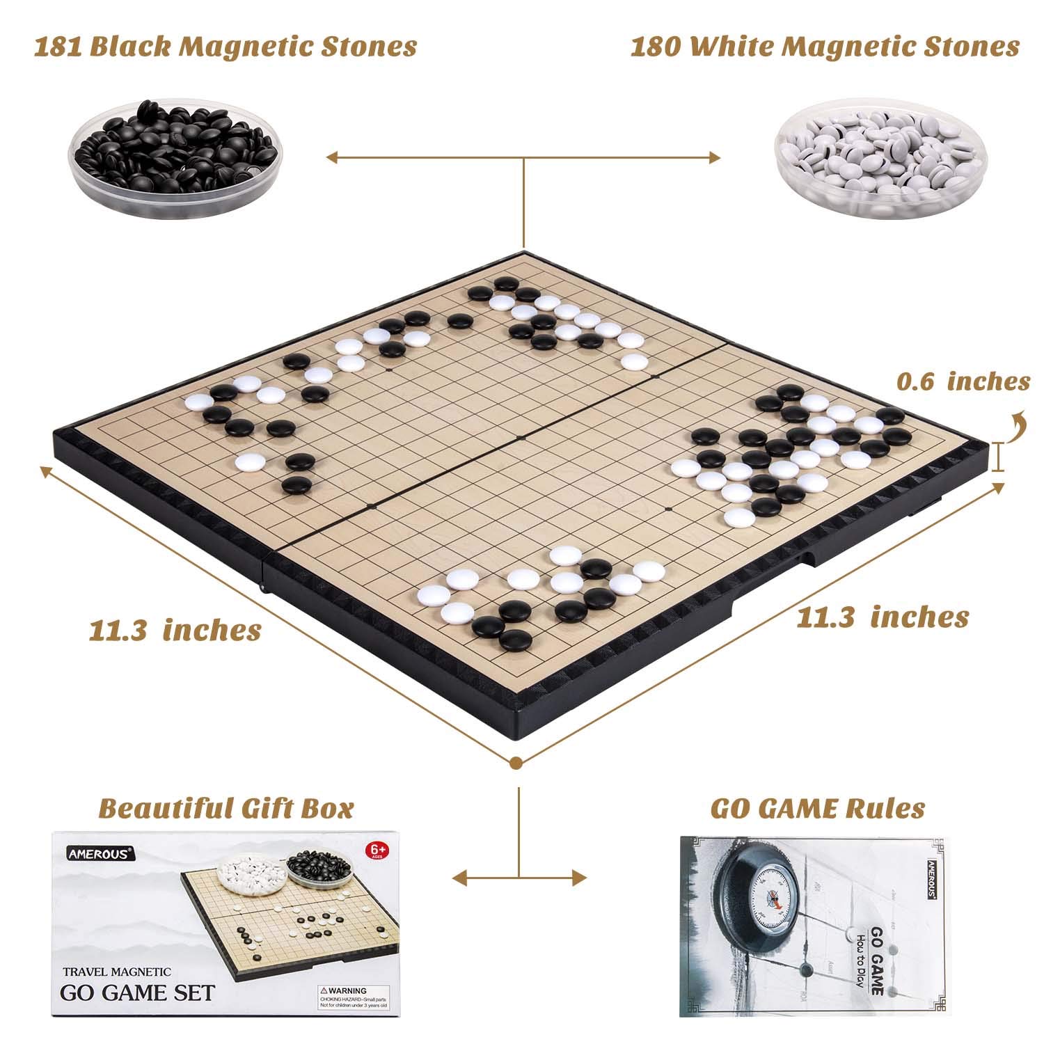 AMEROUS 11 Inches Magnetic Go Game Set (19 x 19), Travel Foldable Board Game Set with Magnetic Plastic Stones & Go Game Rules for Beginner, Kids, Adults (Weiqi)