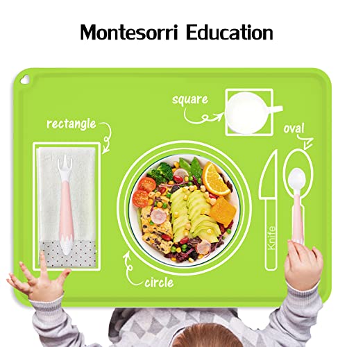 DGitaor Montesorri Placemat for Kids, Toddler Silicone Placemat for Dining Table, Non-Slip Baby Placemat, Dishwasher Safe, Wathet&Green