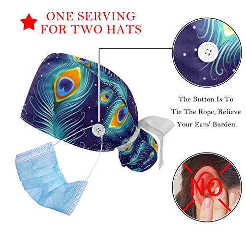 Abstract Peacock Feathers Adjustable Work Hats Buttoned Bowlers Scrub Hats Lace-Up Printed for Women Men 2pcs