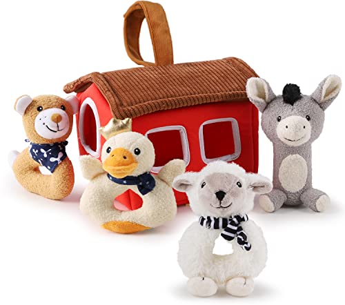 iPlay, iLearn Plush Baby Rattle Toys, Newborn Soft Barn Farm Stuffed Animal Set, Infant Hand Sensory Development, Girls Boys Stuff, Easter Birthday Shower Gift Basket Stuffer 3 6 9 12 Month 1 Year Old