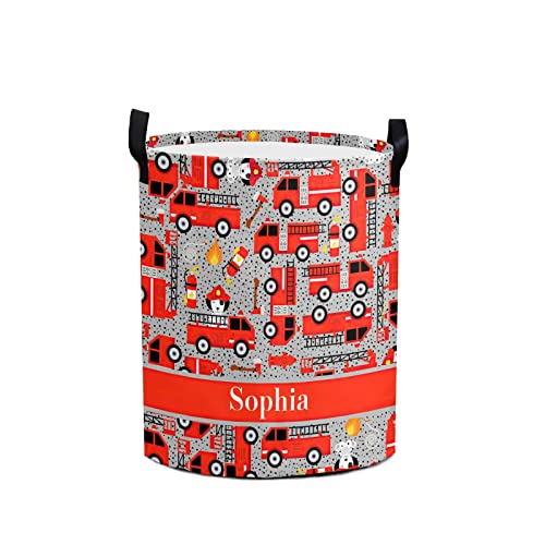 Firetruck Firefighters Large Storage Basket Personalized Laundry Hamper with Name Bathroom Home Decor Collapsible Round Storage Bin Boxes Clothing for Gift