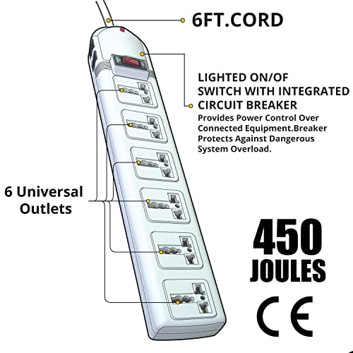 KRIEGER Universal Power Strip AC 220-240V Surge Protector With Heavy Duty German Schuko Plug For Computer, Printers, 6 Universal AC Outlets - Type E/F