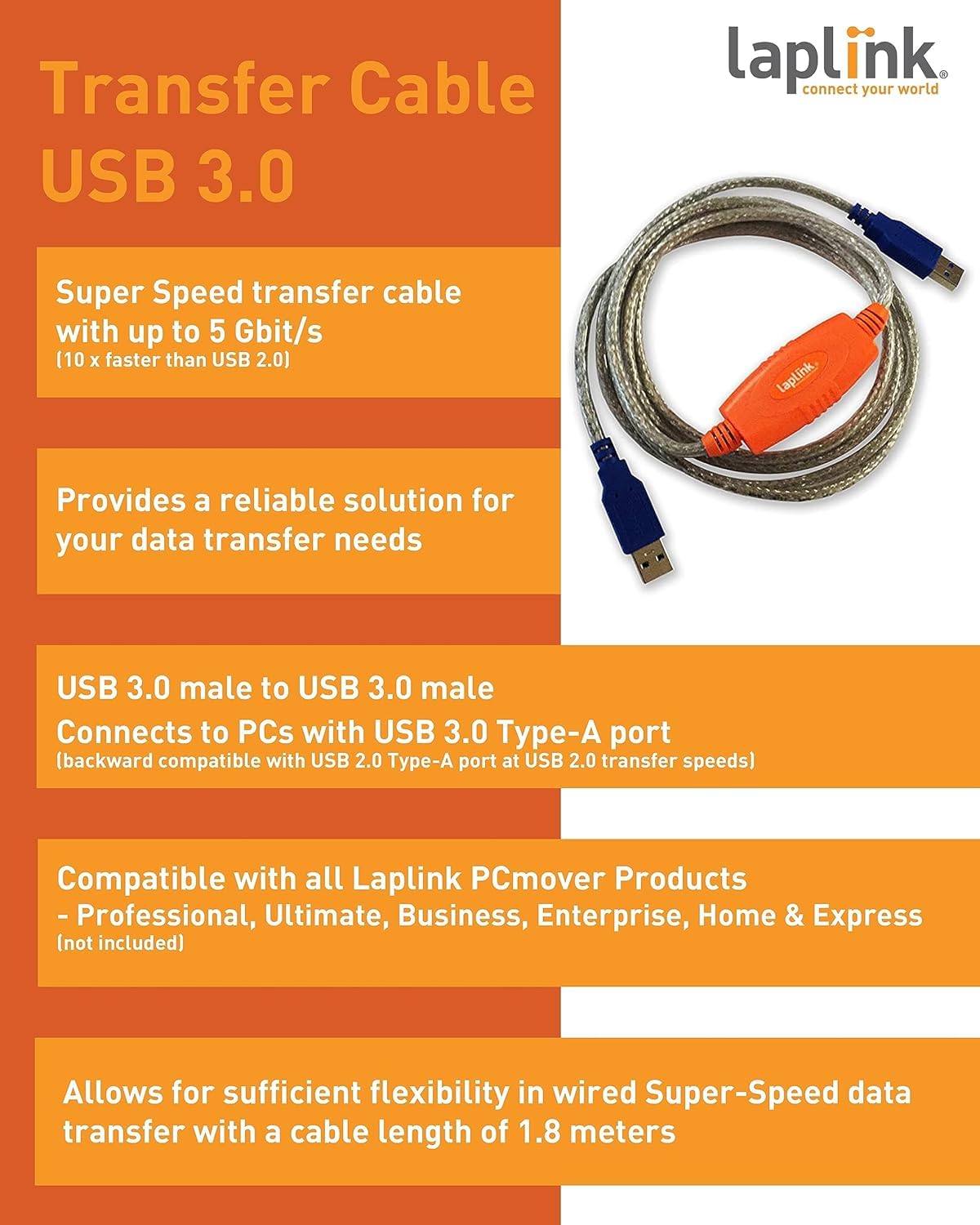 LAPLINK USB 3.0 Super-Speed Transfer Cable, to use with PCmover Migration Software (not Included), Super-Speed Data Transfers up to 5 Gbps, 6 ft.