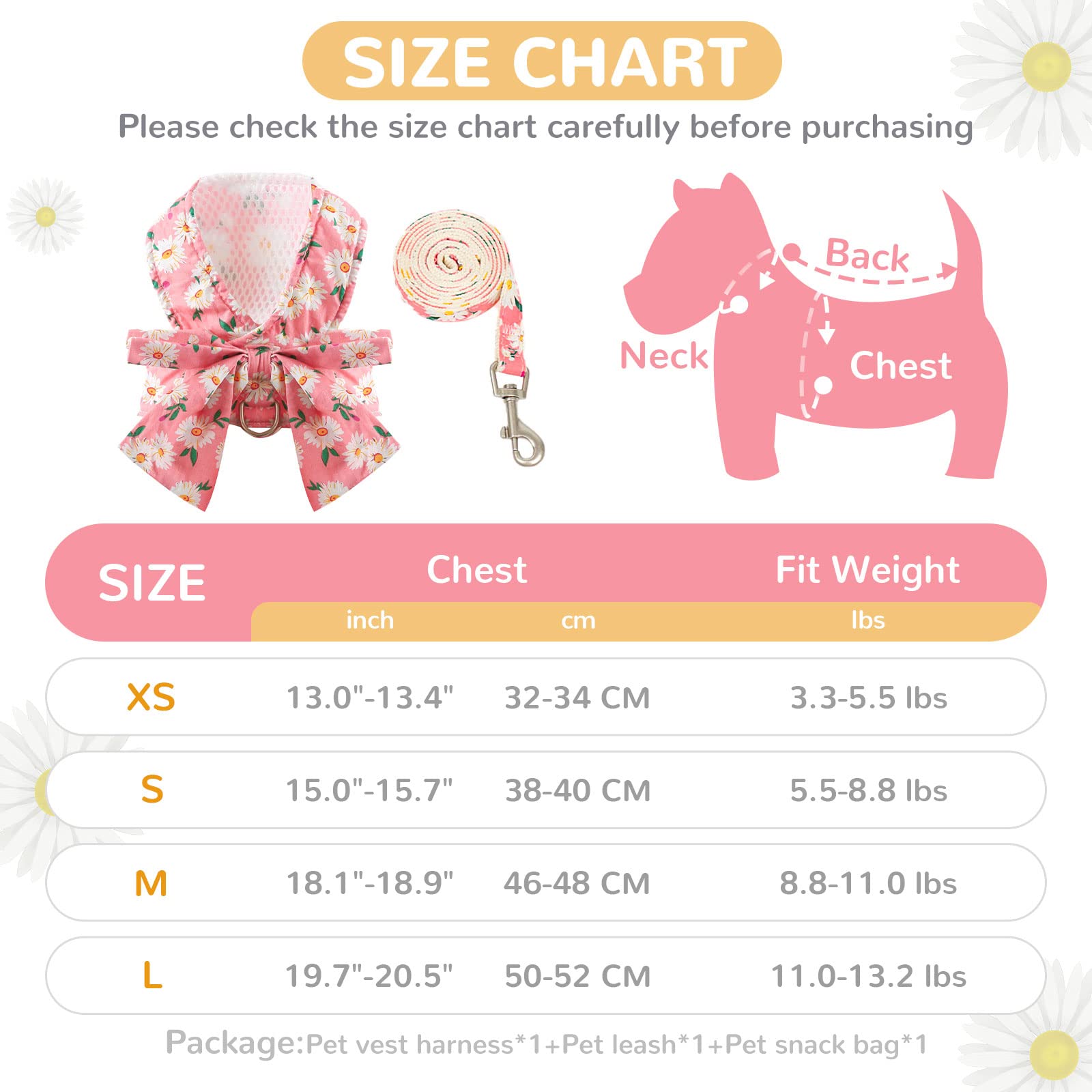 BAEJMJK Dog Harness and Leash Set with Bow Knot No Pull Pet Daisy Floral Harness with D-Ring Soft Mesh Dog Harness Vest Set Escape Proof Princess Puppy Harness for Small Girl Dogs Cats(Pink M)