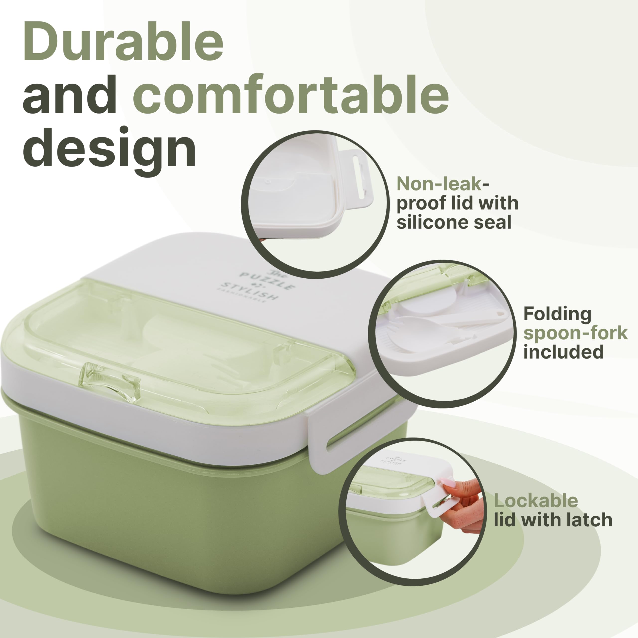 Bento Lunch Box For Adults Kids, 1100 Ml Bento Box Container With 2 Floors 3 Compartments, Leak-proof Sauce Container, Spork, Ideal Salad Container For Lunch For School, Office, Travel, Green