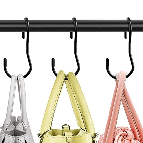 Fitnice 10 Pack Purse Hanger for Closet, S Hooks for Hanging Twisted Purse Hooks Heavy Duty S Hooks Handbag Hanger Organizer Space Saving Closet Rod Hooks for Clothes, Bags, Plants, Pans, Pots (Black)