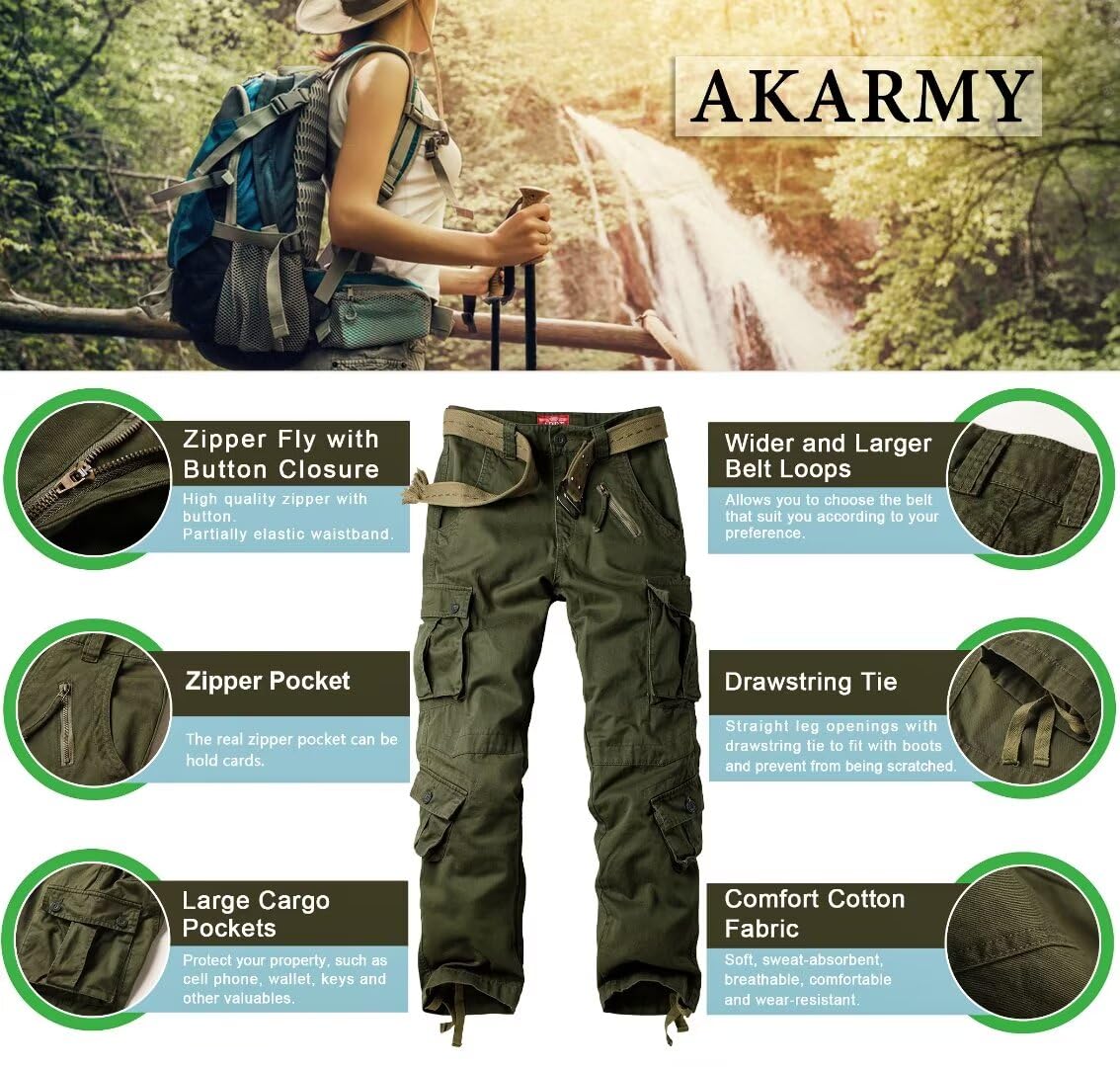 AKARMY Womens Cargo Pants with Pockets Outdoor Casual Ripstop Camo Military Combat Construction Work Pants ArmyGreen