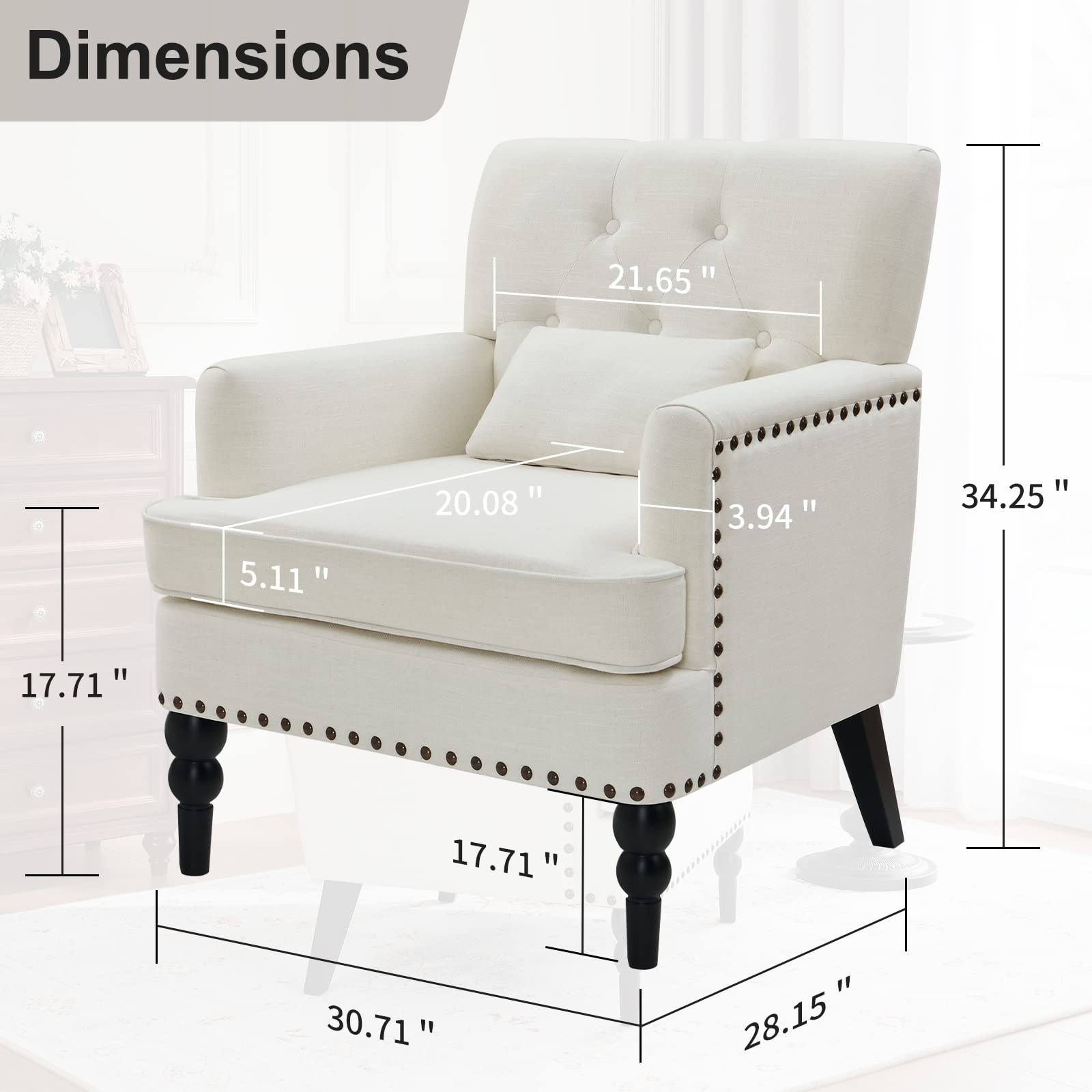 Accent Chair, Arm Chair,Living Room Upholstered Chair, Tufted Upholstered Sofa Club Chair for Bedroom, Comfy Reading Chair for Reception Room (White)