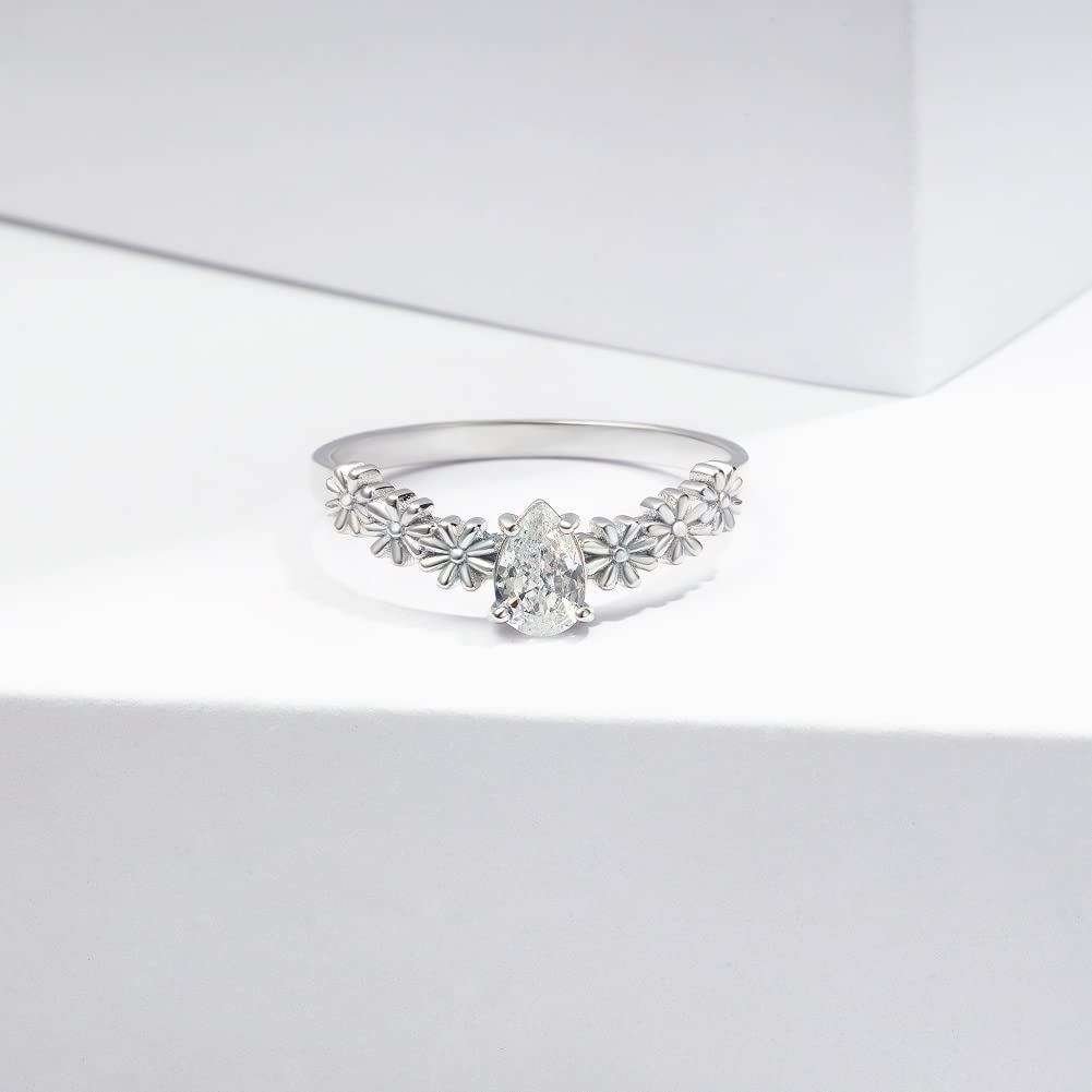 AMBCESSER Hypoallergenic 925 Sterling Silver Daisy Flower & Teardrop Cubic Zirconia Engagement Ring Size 8
