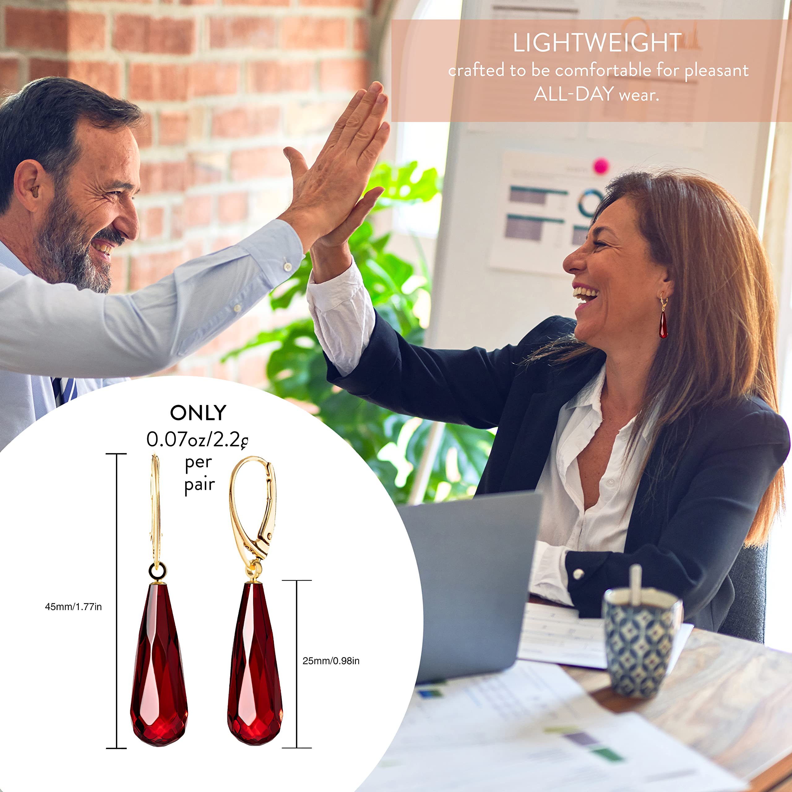 Amber by Mazukna - Red Amber Drop Earrings for Women - Statement Gemstone Jewelry, Gold Plated Sterling Silver Leverback, Dangle Semi Precious Stone Ladies Earrings, Elegant Gift for Her