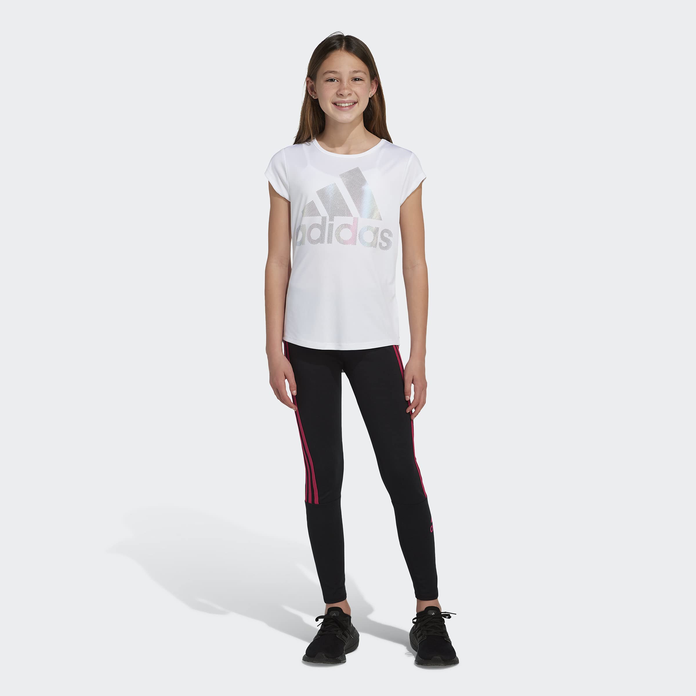 adidas girls 3-stripes Logo Tights Leggings, Black With Pink, Large US