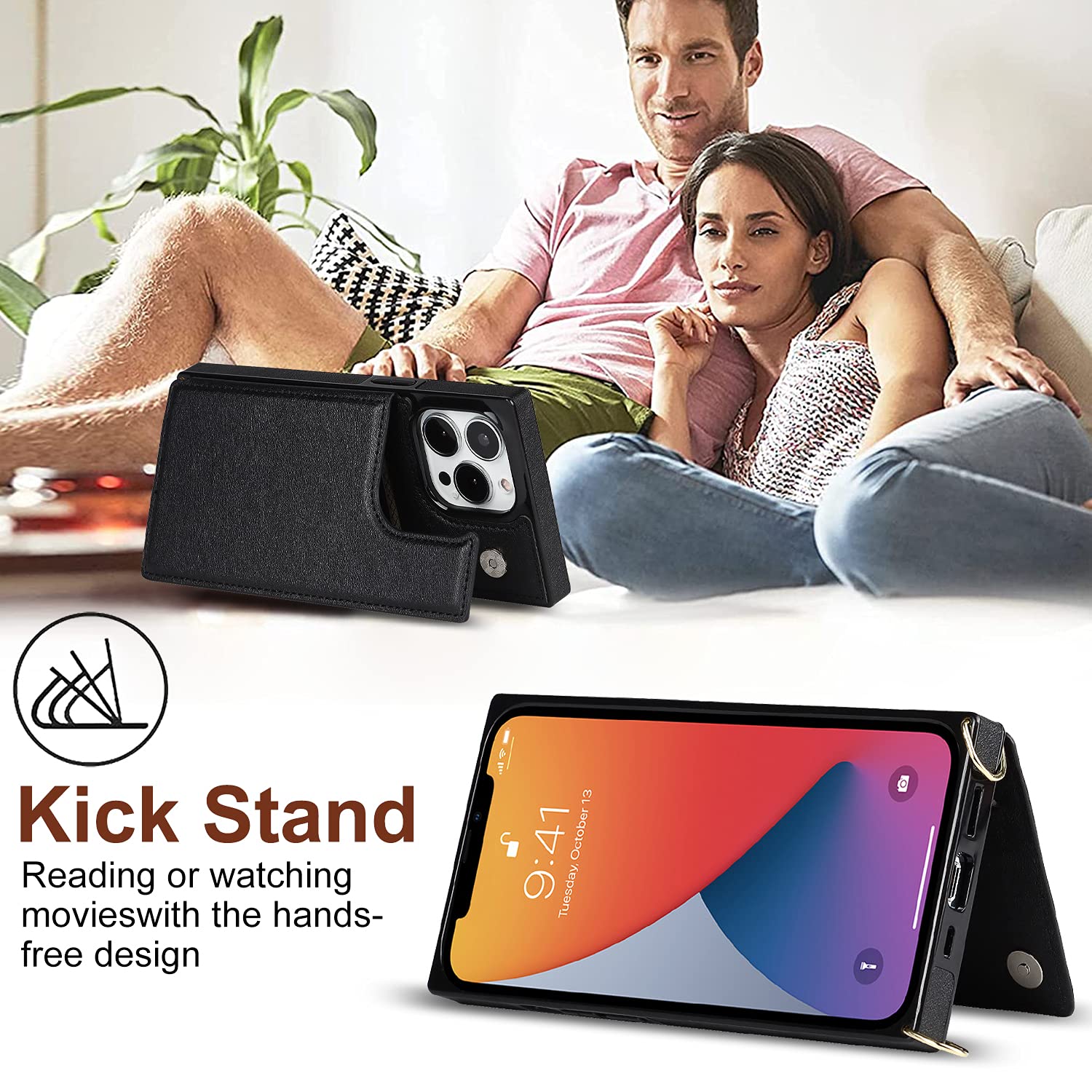 DEFBSC Compatible with iPhone 14 Pro Max Case, Crossbody Wallet Case, Adjustable Detachable Lanyard Neck Strap with Kickstand Leather Card Holder Protective Cover-Black