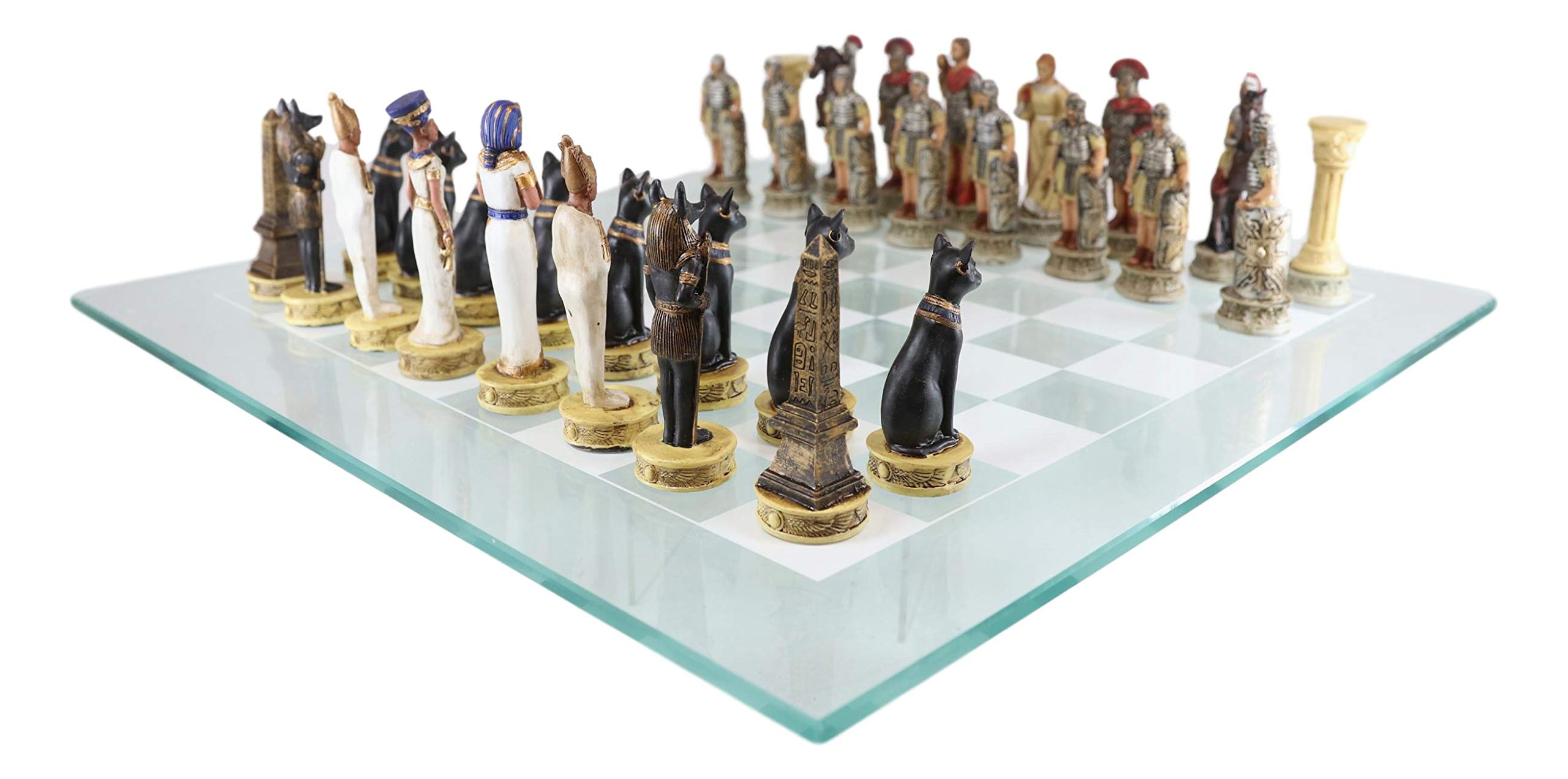 Ebros Gift Historical Themed Chess Set Egyptian Ptolemaic Pharaoh Army VS Augustus Caesar Roman Empire Centurions Resin Sculpted Chess Pieces with Checker Frosted Glass Board Gaming Set