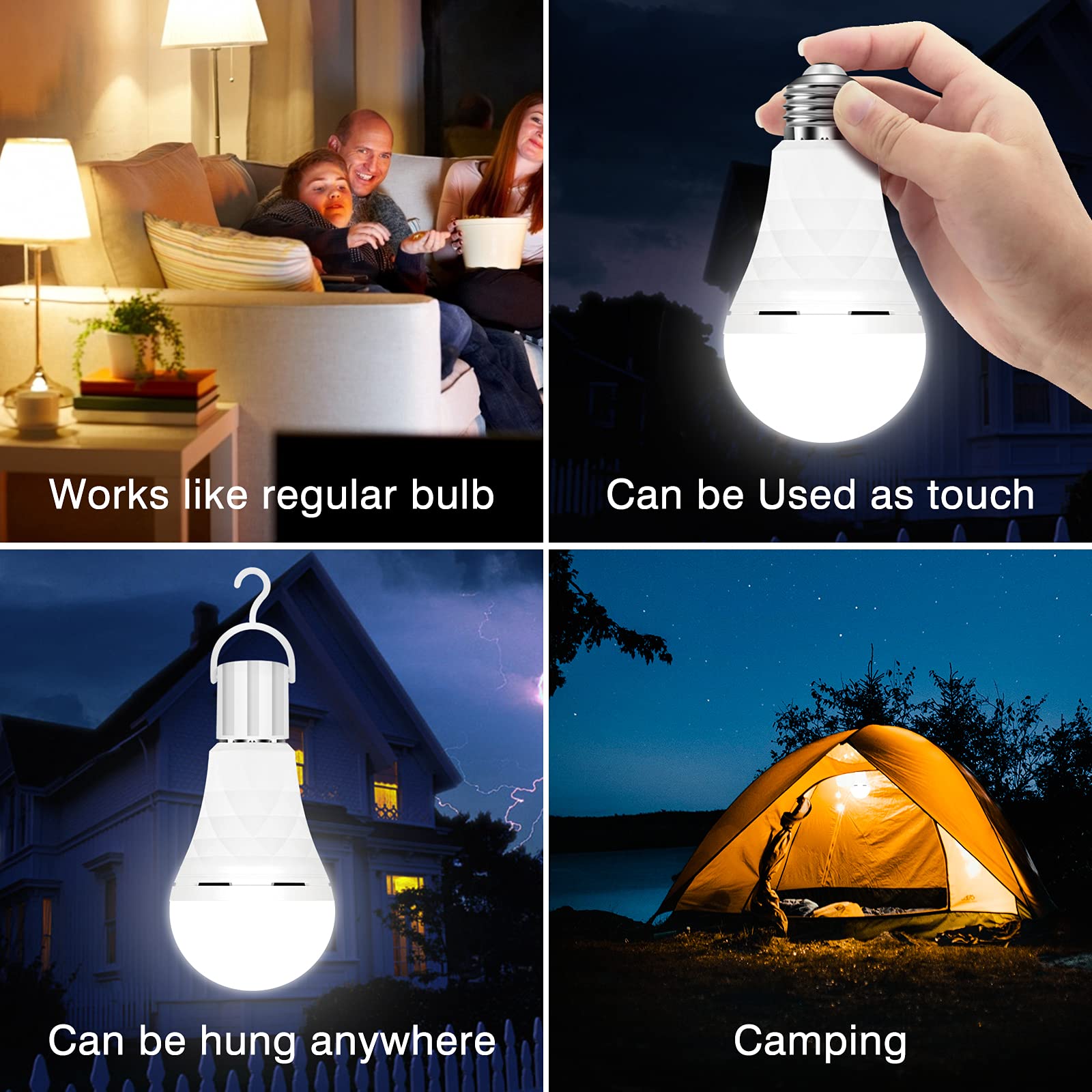 A19 Rechargeable Light Bulbs, Emergency Light Bulbs for Power Failure, LED Bulb 80 Watt Equivalent,12W 5000K Daylight 1200mAh Battery Backup Light Bulb E26/E27 with Hook for Daily and Emergency Use.