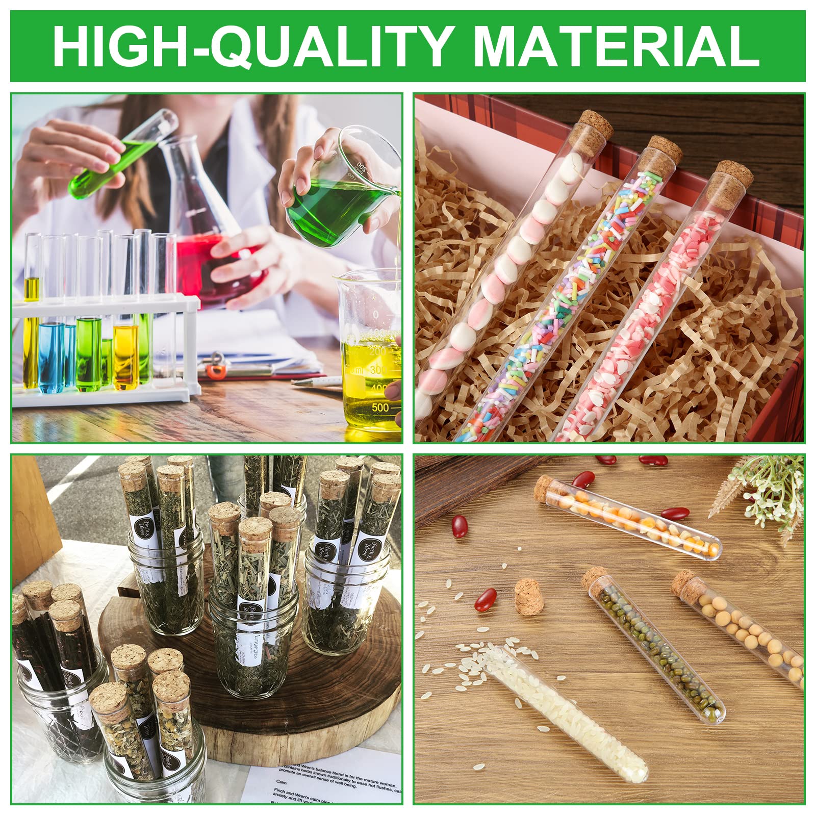 ABuff 100 Pcs Clear Plastic Test Tubes with Cork Stoppers, 15x100 mm(10ml)Good Seal for Small Particles Jewelry Seed Powder Spice Liquid Storage or Decoration