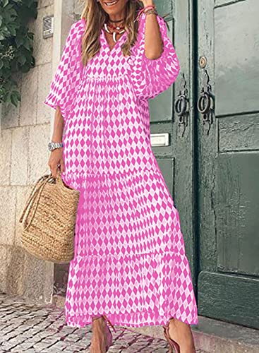 Dokotoo Spring Dresses for Women 2023 Puff Long Sleeve Boho Printed Hawaiian Dresses V Neck Maxi Dresses for Wedding Guest Ruffle A Line Casual Dresses for Beach Vacation Large Pink