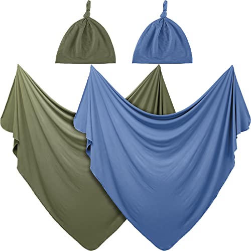 JaGely 2 Pack Baby Newborn Swaddle Blanket and Hat Set Large Stretchy Blankets with Soft Receiving for Boy Girl Essentials, Blue, Army Green, Hat: approx. 38 cm/ 15 inches in circumference