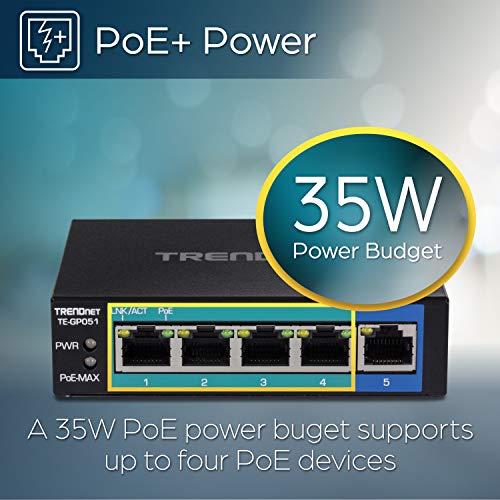 TRENDnet 5-Port Unmanaged Gigabit PoE+ Switch, 4 x Gigabit PoE+, 1 x Gigabit Port, 10Gbps Switching Capacity, 35W PoE Power Budget, Metal Network Ethernet Switch, Fanless, Black, TE-GP051