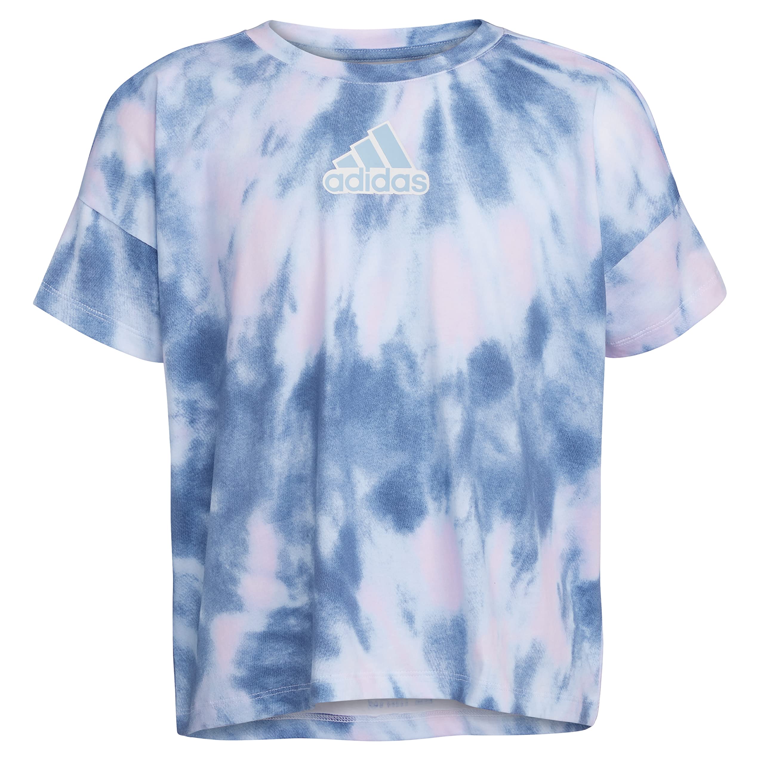 adidas Girls' Big Short Sleeve Oversized AOP Tee, White with Blue, Small (7/8)