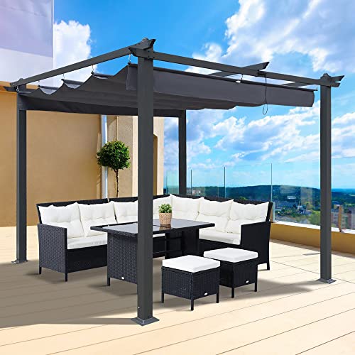 WHNB 10' x 9' Aluminum Retractable Patio Gazebo Garden Pergola with Weather-Resistant Canopy and Stylish Design Grey