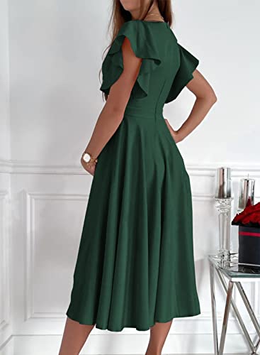 Dokotoo Women's Fall Short Sleeve Casual Dresses V-Neck Floral Party Dress Green L