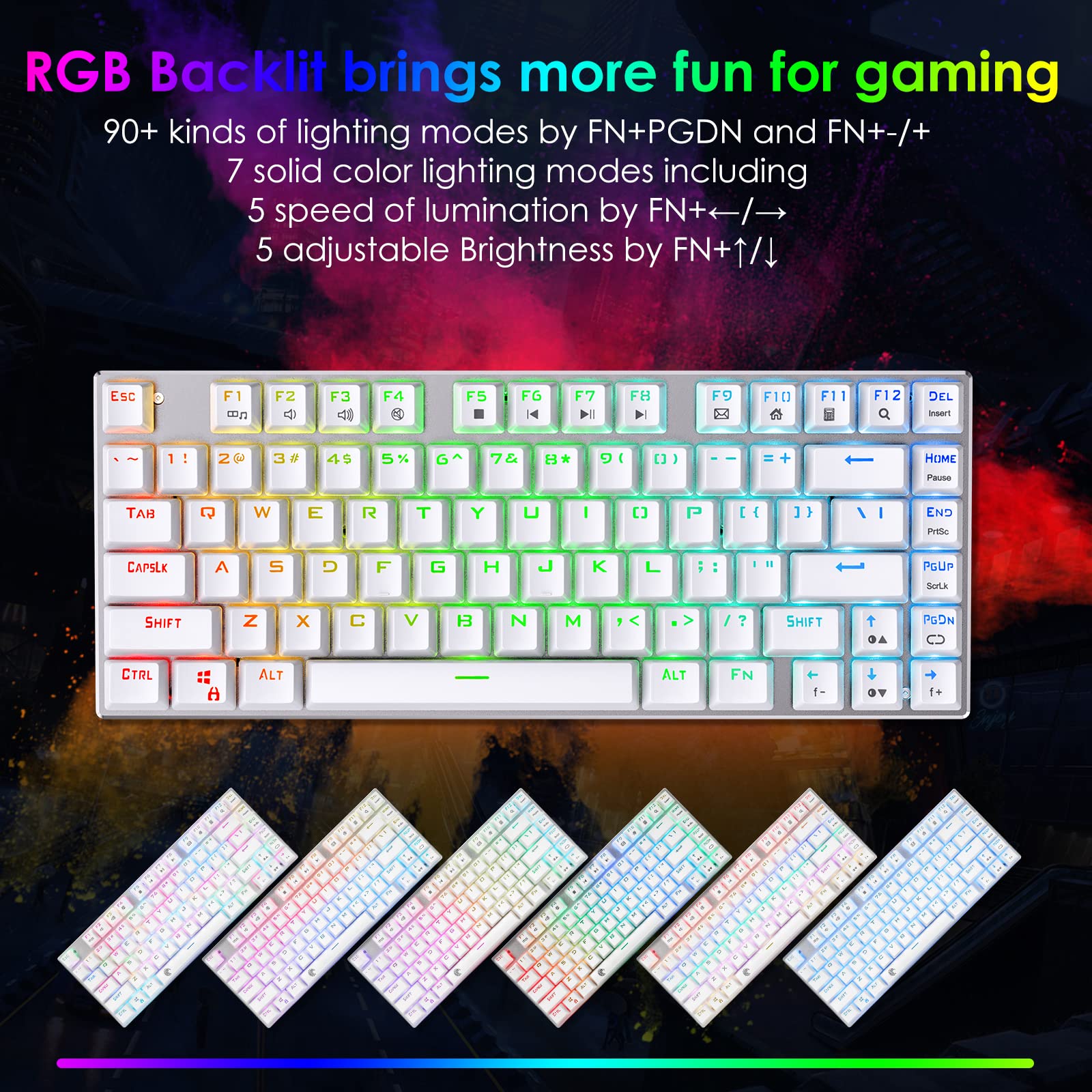 HUO JI E-Yooso Z-88 RGB Mechanical Gaming Keyboard, Metal Panel, Blue Switches - Clicky, Compact 81 Keys Hot Swappable for Mac, PC, Silver and White