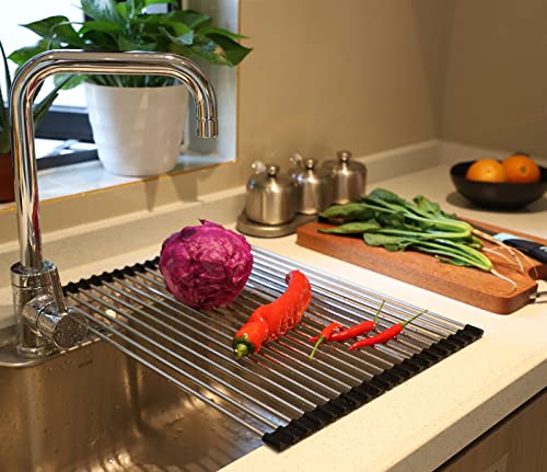 Ahyuan Roll up Dish Drying Rack Over The Sink Kitchen Roll up Sink Drying Rack Portable Dish Drainer Foldable Dish Drying Rack (Black, 17.8''X14'')