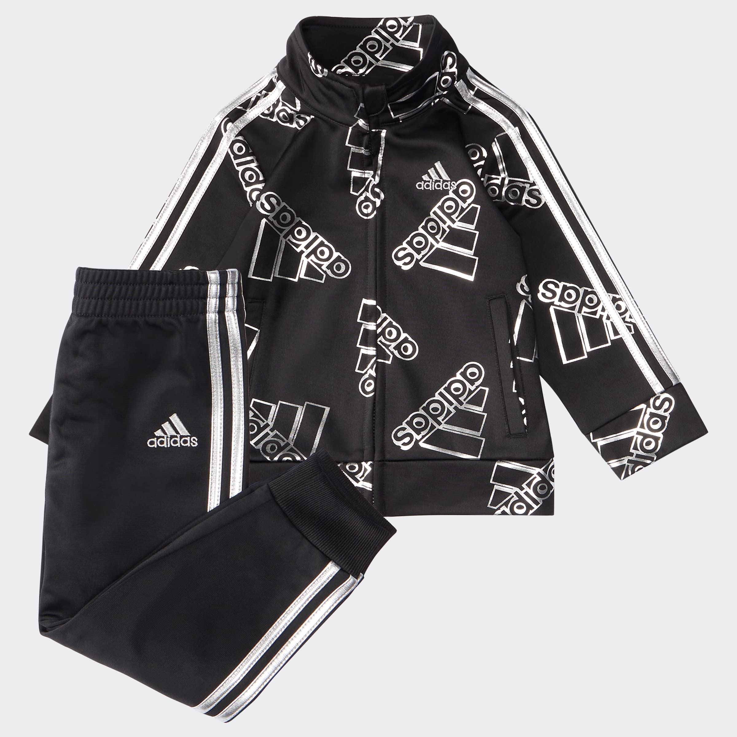 adidas Girls' Zip Front Printed Tricot Jacket and Joggers Set, Black with Silver, 5