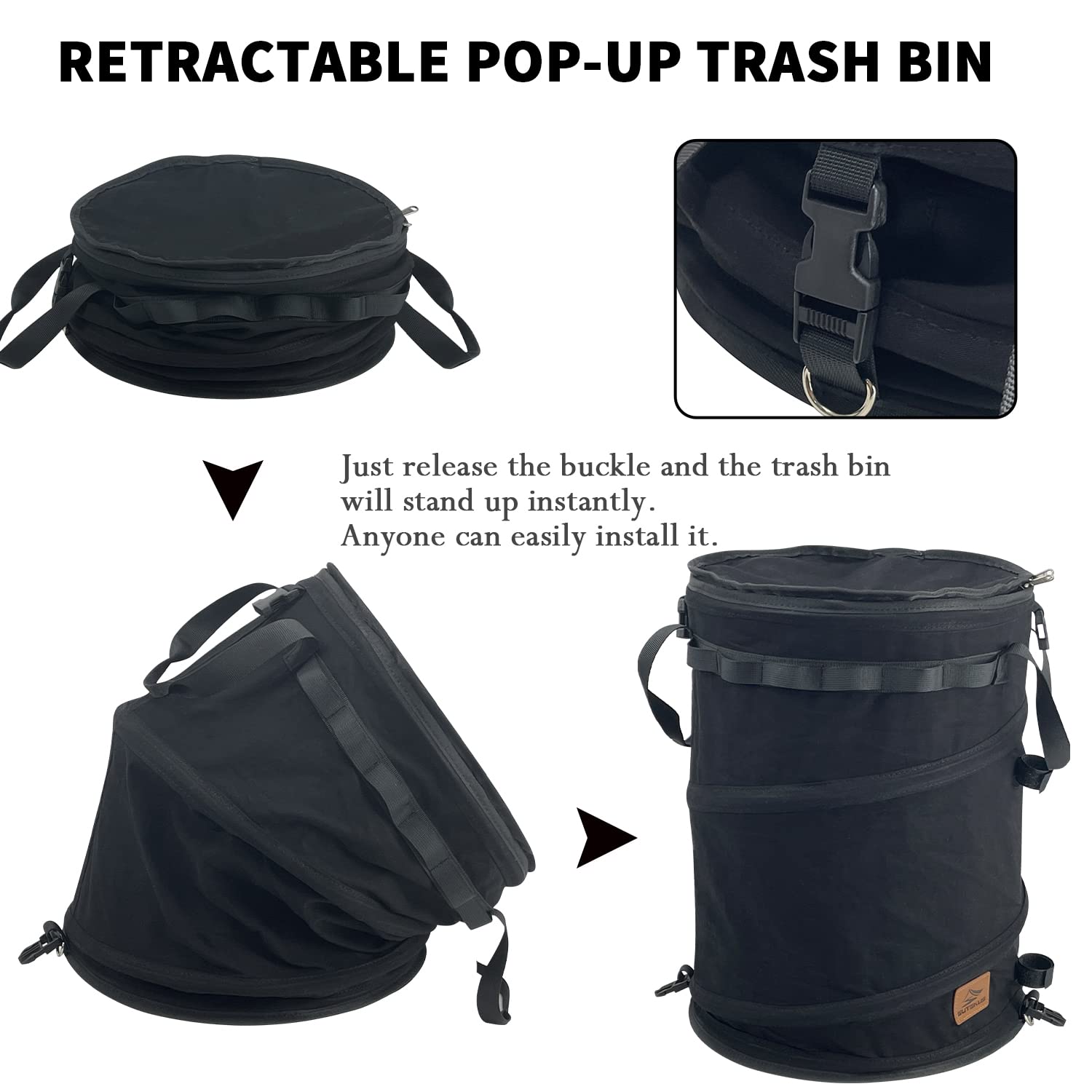Sutekus Pop Up Storage Bin Collapsible Trash Can Recycle Container Reusable Utility Storage Bag with Zippered Lid for Camping, Laundry, Storage and Garden (Black)