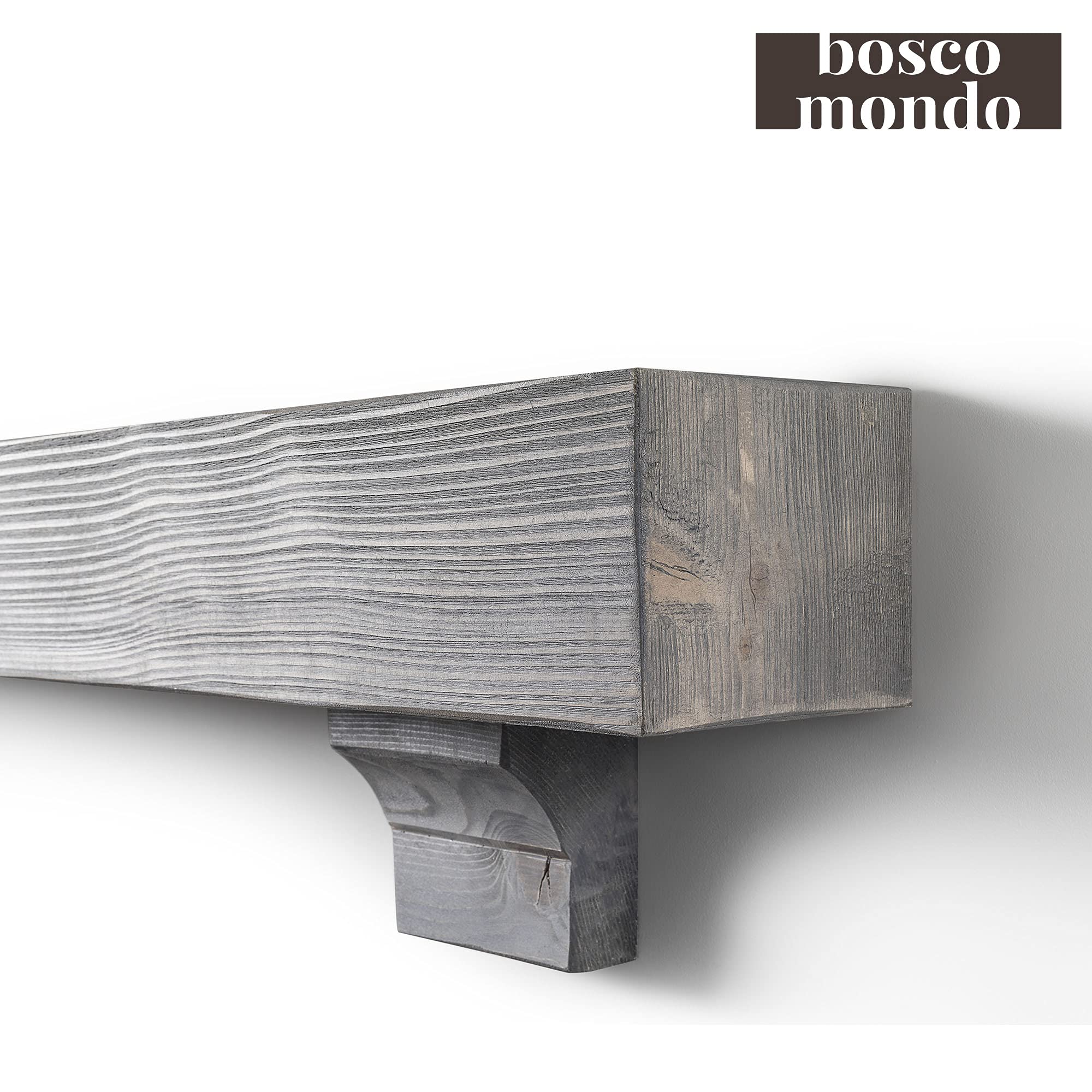 BoscoMondo Rustic Fireplace Mantel Shelf with Corbels- Pine Wood - Wall Decor, Mounted Farmhouse Shelving (72", Grey)