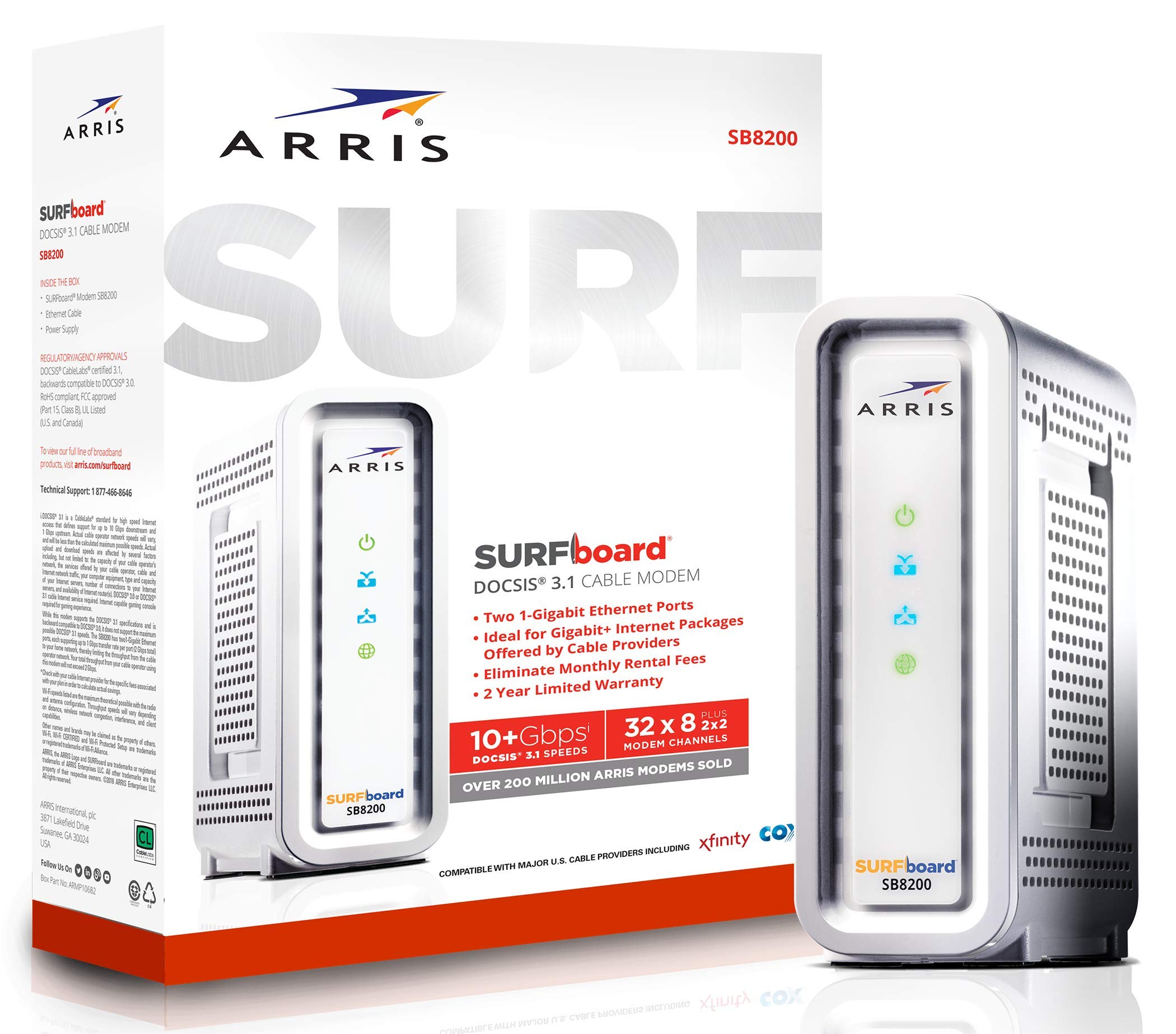ARRIS Surfboard Docsis 3.1 Gigabit Speed Cable Modem, Approved for Cox, Spectrum and Xfinity, (SB8200 Frustration Free) & AmazonBasics RJ45 Cat-6 Ethernet Patch Internet Cable - 5 Feet