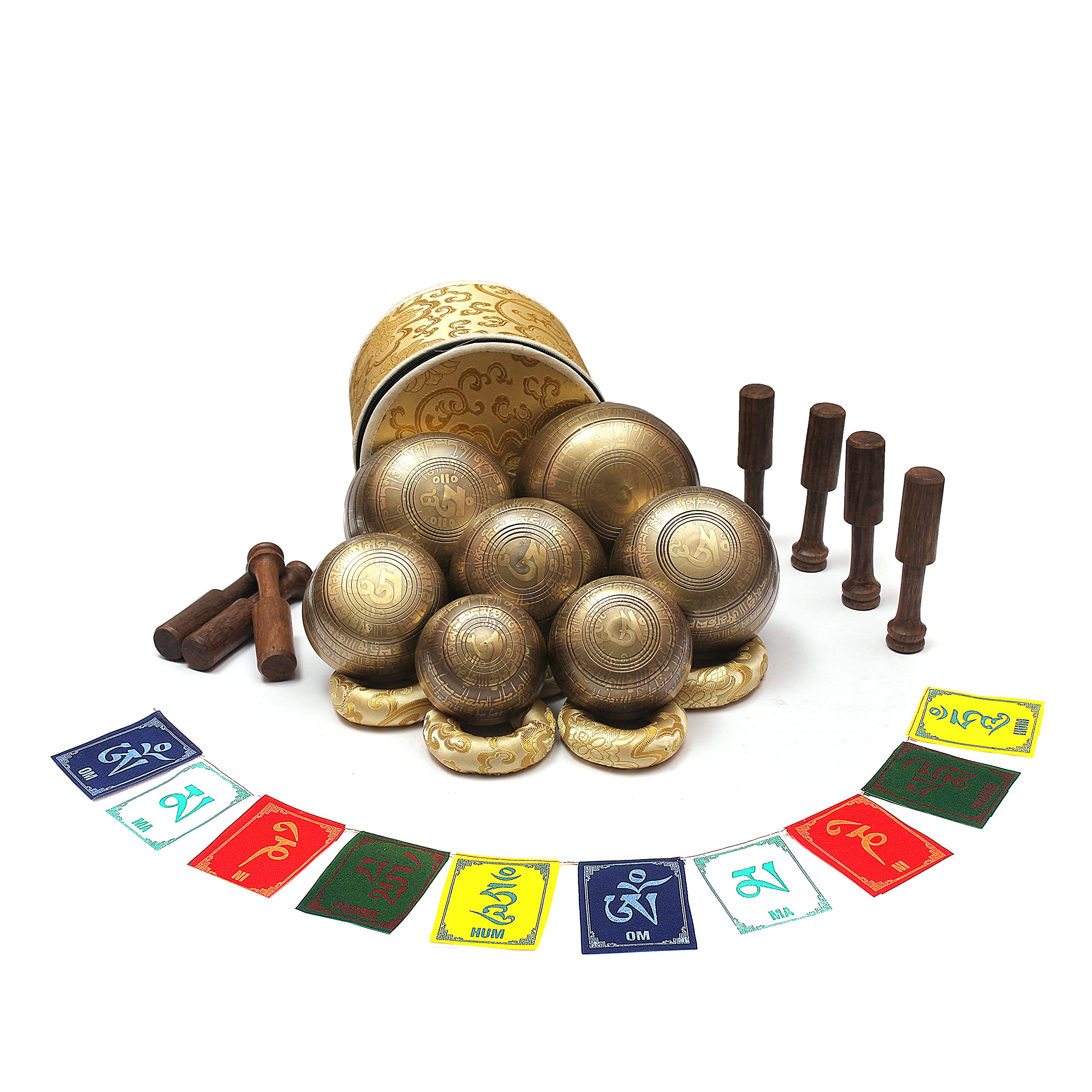 ESK GROUP Tibetan Singing Bowl Set of 7, 3β- 5.2β Om Mane Padme Hum Singing Bowl, Himalayan Singing Bowl, Handmade, w/ silk cushions, 7 sticks, Flag and Silk Brocade Box, ESK-06