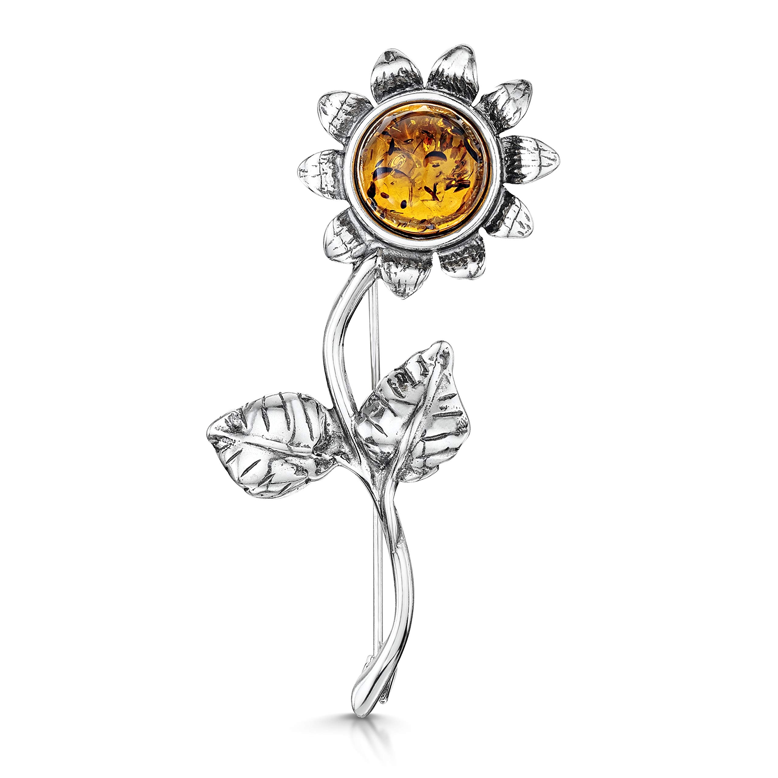 Amberta 925 Sterling Silver with Genuine Baltic Amber - Sunflower Brooch/Pin for Women - Honey Stone Color