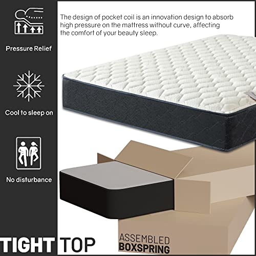 Mayton, 10-Inch Medium Tight Top Memory Foam Pocket Coil Hybrid Mattress, and 8" Split Wood Box Spring set, Twin, Black Box
