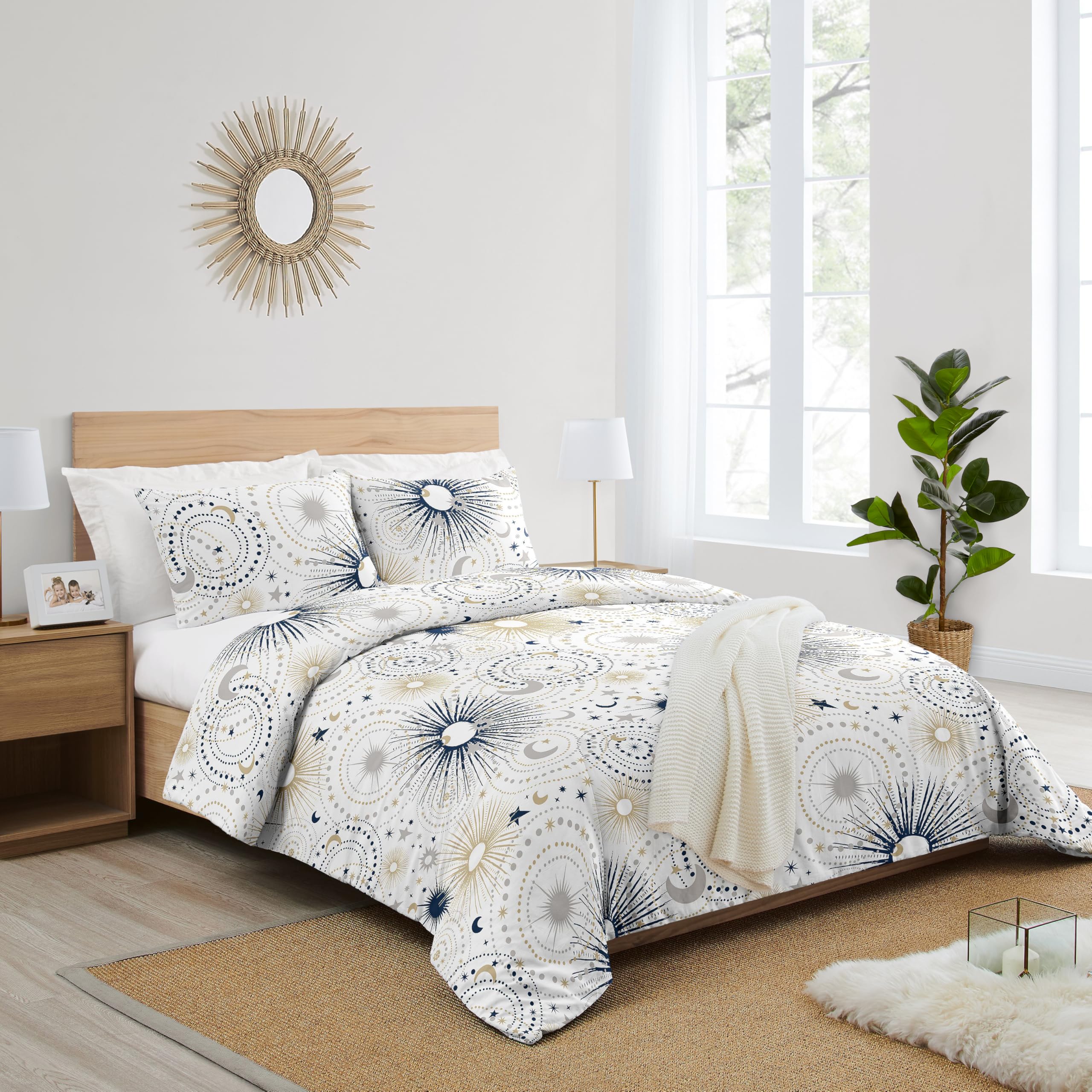 Sweet Jojo Designs Star and Moon Boy or Girl Full/Queen Bedding Set Kids Comforter Childrens Size - 3 Pieces - Navy Blue, Gold, and Grey Celestial Sky Stars Gender Neutral Unisex