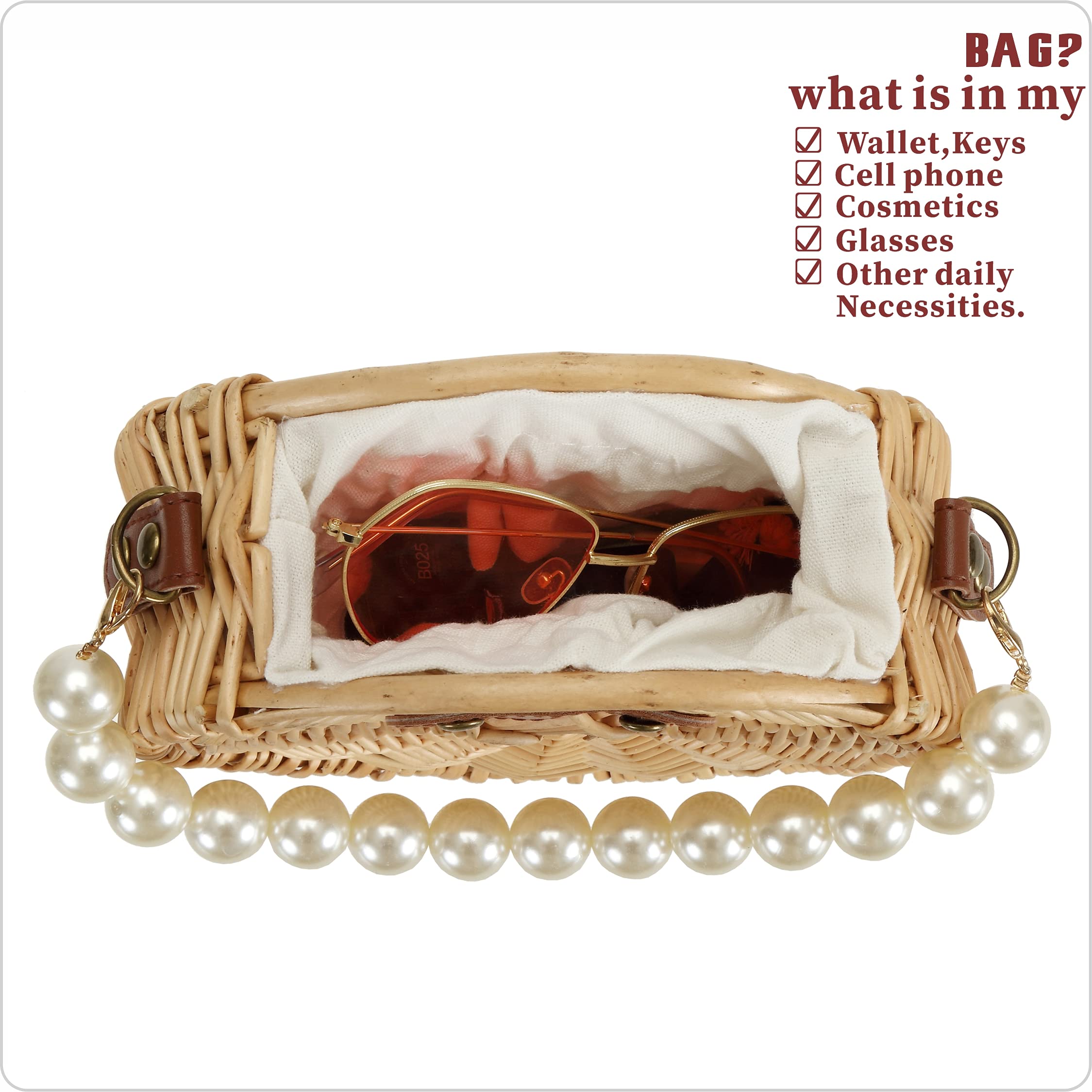 So'each Women Handmade Rattan Wicker Woven Artificial Pearl Circle Shoulder Bag