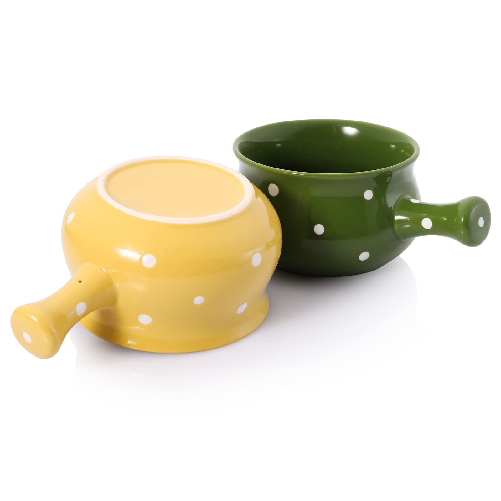 AVLA 4 Pack French Onion Soup Bowls with Handle, 20 Ounce Porcelain Soup Crock, Stackable Serving Bowl Bakeware for Soup, Beef Stew, Cereal, Chill, Microwave and Oven Safe, Polka Dot