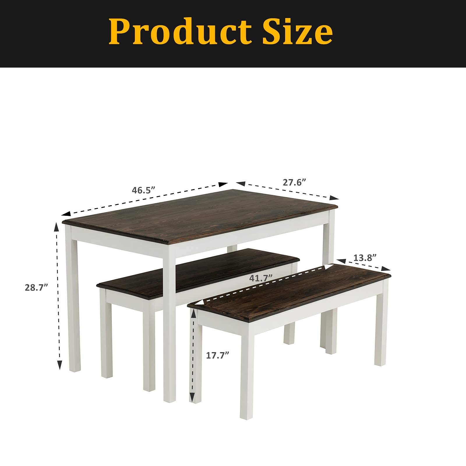 Alohappy 3 Piece PineWood Dining Set for 4,45" Dining Room Table Set with 2 Benches for Home Kitchen Dining Room Furniture,Bench Style & Space-saving (Grey)