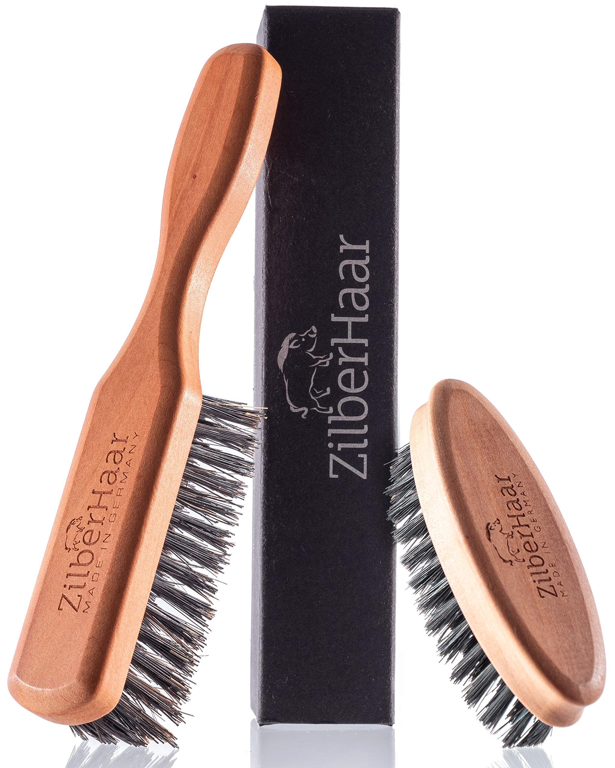 ZilberHaar Beard Brush Regular + Pocket Beard and Mustache Brush with Stiff Boar Bristles